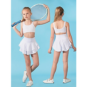Soudittur Girls Tennis Skirt with Shorts Kids Golf Clothes High Waisted Toddler Athletic Skort with Pockets (L, White)