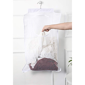 Dearjana Door-Hanging Mesh Laundry Hamper Bag, Space Saving Corner Small Laundry Basket Dirty Clothes Hamper with Rotating Metal Hanger for Apartment, RV, Camper, Cabin, College Dorm Use(White)