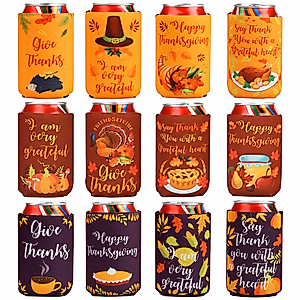3 otters 12 Pcs Thanksgiving Day Can Cooler Friends Gathering Neoprene Beer Can Cooler Cover Fall Turkey Party Cans Decor Sleeves for Soda Beer Soft Drinks Canister Friendsgiving Parties holiday