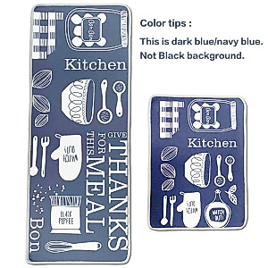LEEBEI Kitchen Rugs Non Slip Washable Navy-Blue Color Floor Mats for Kitchen Bedroom Rugs Set Area Carpets (15.7×23.6 inch+15.7×47.2 inch,Kitchen-Meal)