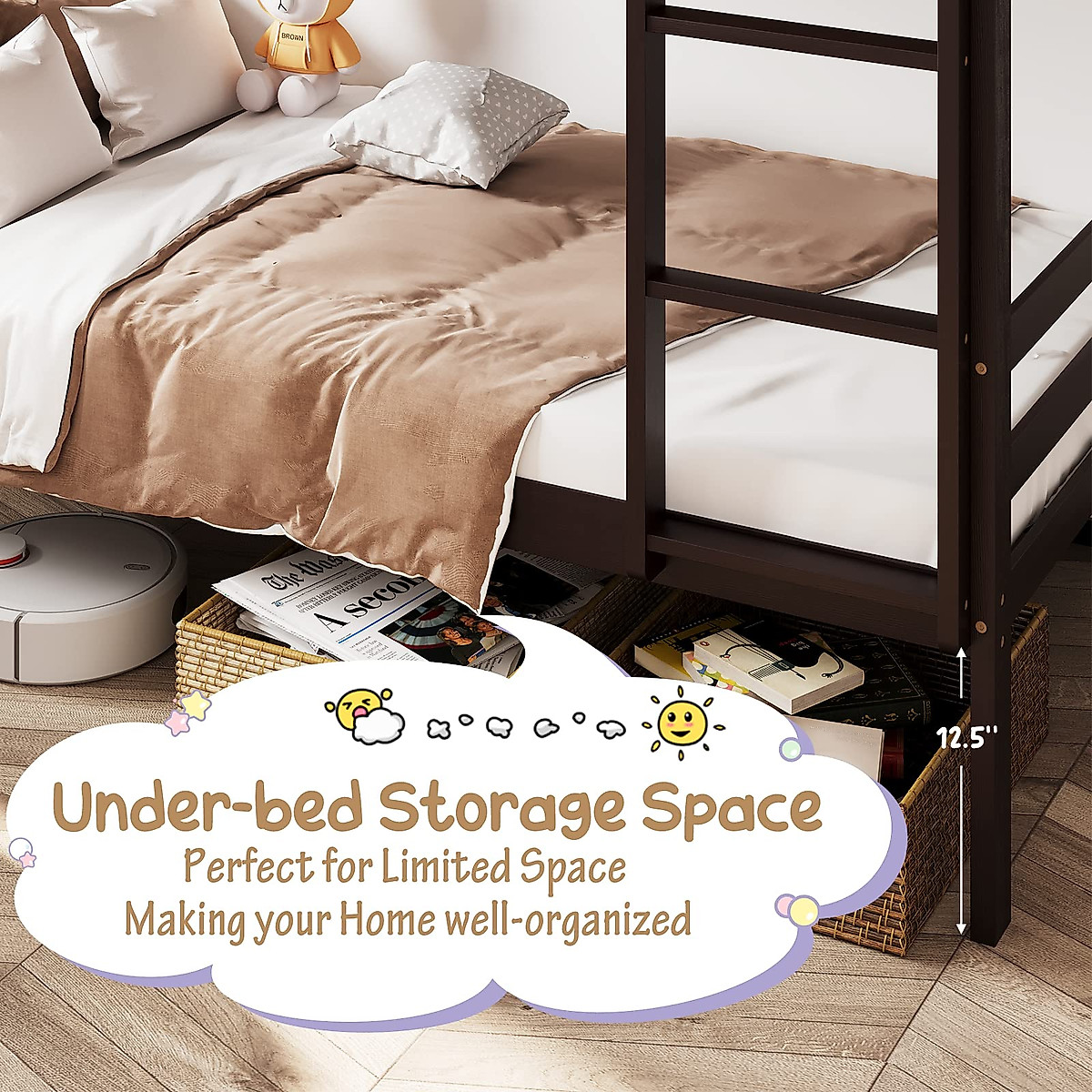 GORELAX Twin Over Twin Bunk Bed, Space Saving Wood Bed Frame w/Under Bed Storage, Ladder & Guardrail, Dorm & Multichild Family, Modern Bunk Bed for Kids, Teens, Sleepovers, Adults (Espresso)