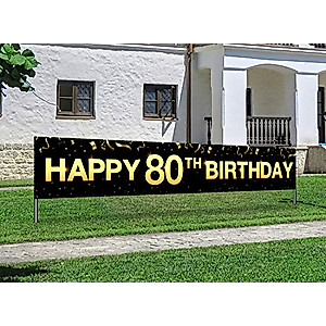 Greatingreat Large Cheers to 80 Years Banner, Black Gold 80 Anniversary Party Sign, 80th Happy Birthday Banner(9.8feet X 1.6feet)