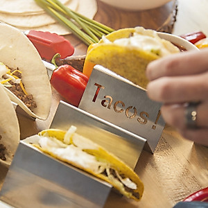 KITCHENATICS Stainless Steel Taco Holder Taco Stand - Metal Taco Tray Holders For Serving Tacos, Taco Plates, Taco Shell Mold - Grill, Oven &amp; Dishwasher Safe Taco Holder Stand - Taco Holders Set of 4