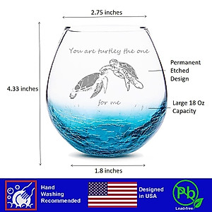 Valentines Day Gifts for Her, Sea Turtles Handmade Engraved Crackle Turquoise Beach Wine Glass, 18 Ounces