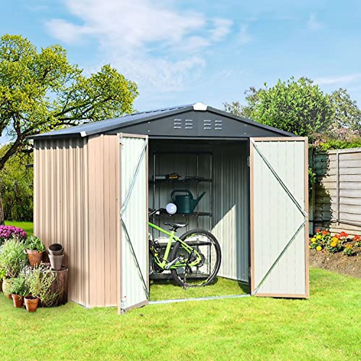 6x8 FT Storage Sheds Outdoor, Utility Steel Tool Sheds for Garden Backyard Lawn, Large Patio House Building with Lockable Door (Dark Grey)