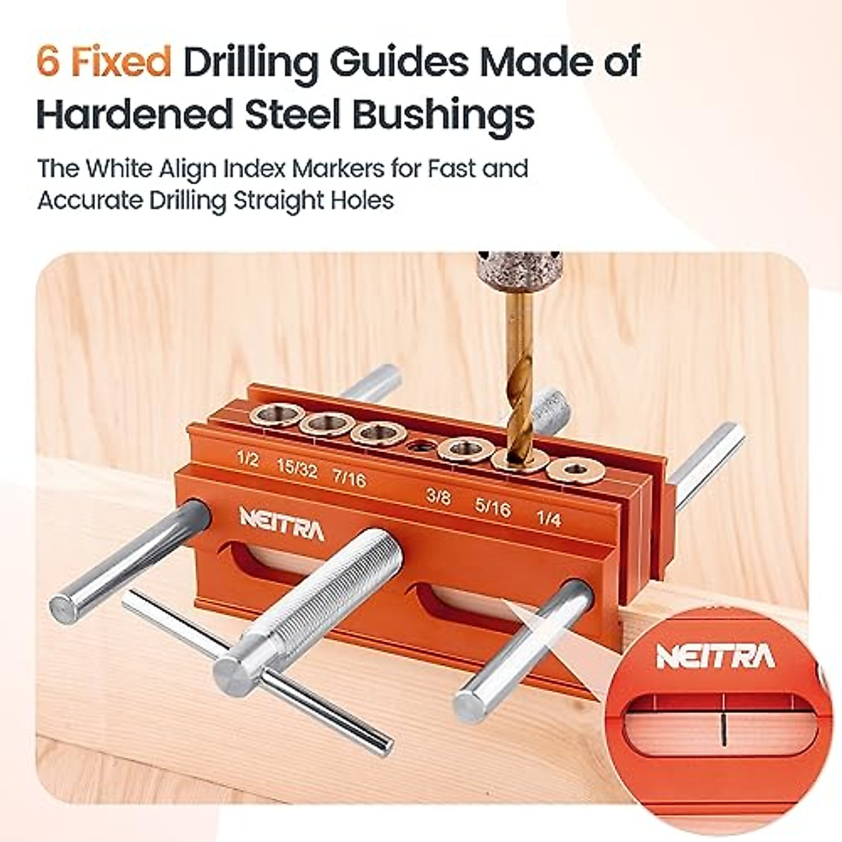 Neitra Self Centering Doweling Jig - 6 Drill Guides for Straight Holes, Adjustable Width Up to 6.75", All Metal Drilling Hole Kit for Wood Dowel Jig, Professional Woodworking Joints Tool