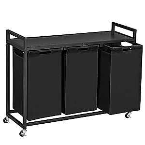 Herture Laundry Basket, 3 Compartment Laundry Hamper, 3 x 10 Gal (38L), with Shelf Rolling Laundry Sorter Organizer, Pull- Out Laundry Sorter with 3 Removable Laundry Bags Black PF01XLB
