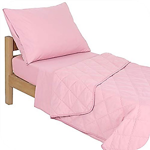 TILLYOU 5-Piece Solid Toddler Bedding Set for Boys or Girls, Bed-in-a-Bag Microfiber Comforter Set, Includes 1 Top Flat Sheet, 1 Mattress Sheets, 1 Padded Quilt and 2 Envelope Pillowcases, Pink