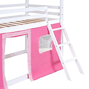 SOFTSEA Full Over Full Bunk Bed Frame, Floor Low Bunk Bed with Tent and Windows Sills, Wood Bunk Bed Frame with Slide Ladder and Guardrails, Full Size House Shaped Bunk Bed for Kids, Pink