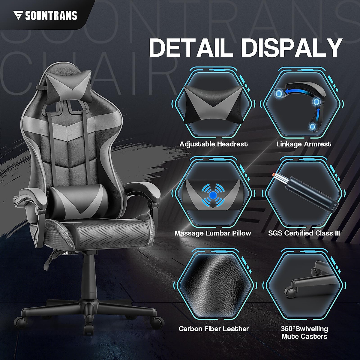 Soontrans Gaming Computer Chair,Game Chair,Ergonomic Gamer Chair,Racing Video Game Chair for Adults Teens with High-Back,Adjustable Headrest and Lumbar Support(Galaxy Grey)
