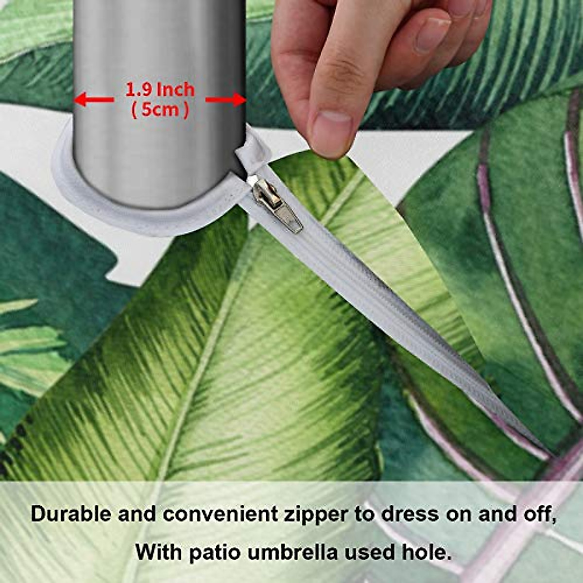 ALAZA Round Tablecloth with Umbrella Hole and Zipper Hawaii Tropical Palm Leaves and Hibiscus Washable Spillproof Table Cover for Camping Patio Garden Picnic Party Outdoor 60 Inch