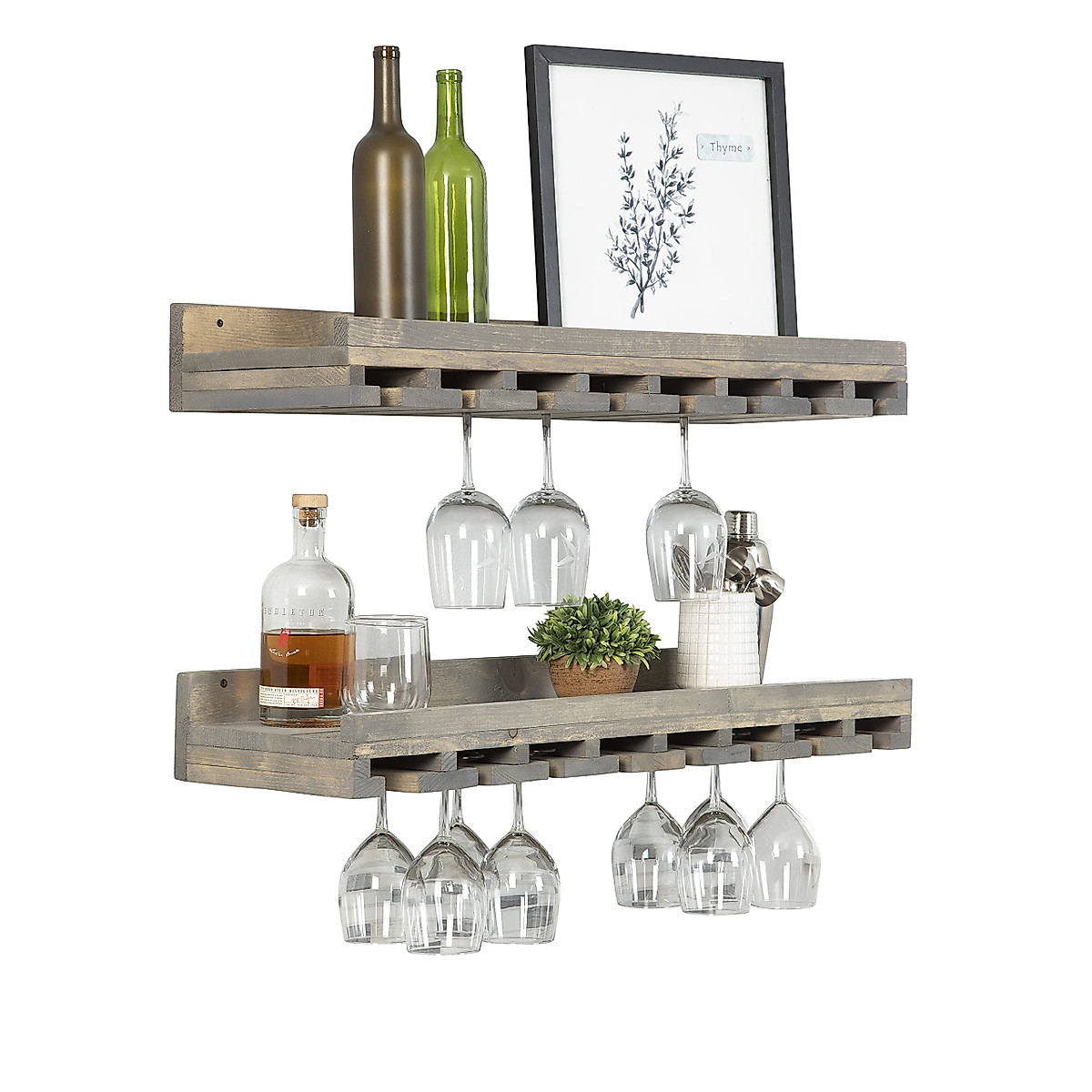 del Hutson Designs Rustic Luxe 36 Inch Farmhouse Solid Natural Pine Wood Wall Mounted Handmade Wine Glass Stemware Holder Rack, Set of 2, Grey