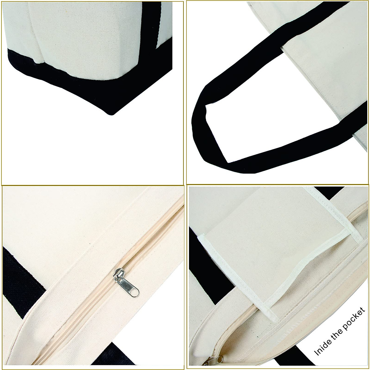 MEIANJU Zippered Canvas Tote Bag, 16.5"x 13.4" Heavy Duty Plain Canvas Tote Bags Blank Canvas Bag Tote Bag 3 PCS Zipper Reusable Canvas Tote Bags Bulk Cloth Grocery Bags black Cotton Tote Bags