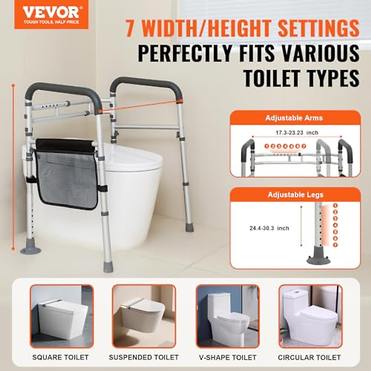 VEVOR Toilet Safety Rail, Folding Toilet Seat Frame, Adjustable Detachable Fit Most Toilets, Heavy 300lbs Capacity Duty Medical Bathroom Toilet Handrails Stand Alone for Handicap, Elderly, Disabled