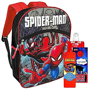 Spiderman Backpack for Boys Girls Kids - 5 Pc Bundle with 16" Spiderman School Backpack Bag, Water Bottle, Stickers, and More (Marvel School Supplies)