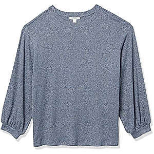 Daily Ritual Women's Cozy Knit Rib Blouson-Sleeve Sweatshirt, Blue Marl, Medium