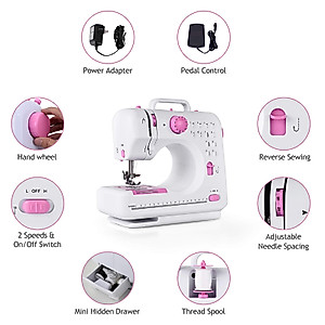 COSTWAY Electric Multifunctional Sewing Machine, 12 Stitches Portable Sewing Machine with Light Free Arm Battery, DC Adapter, Adjustable Sewing Speed (Pink+White)