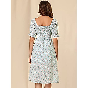 Allegra K Women's Square Neck Puff Sleeves Casual Midi Smocked Floral Dress X-Small Blue
