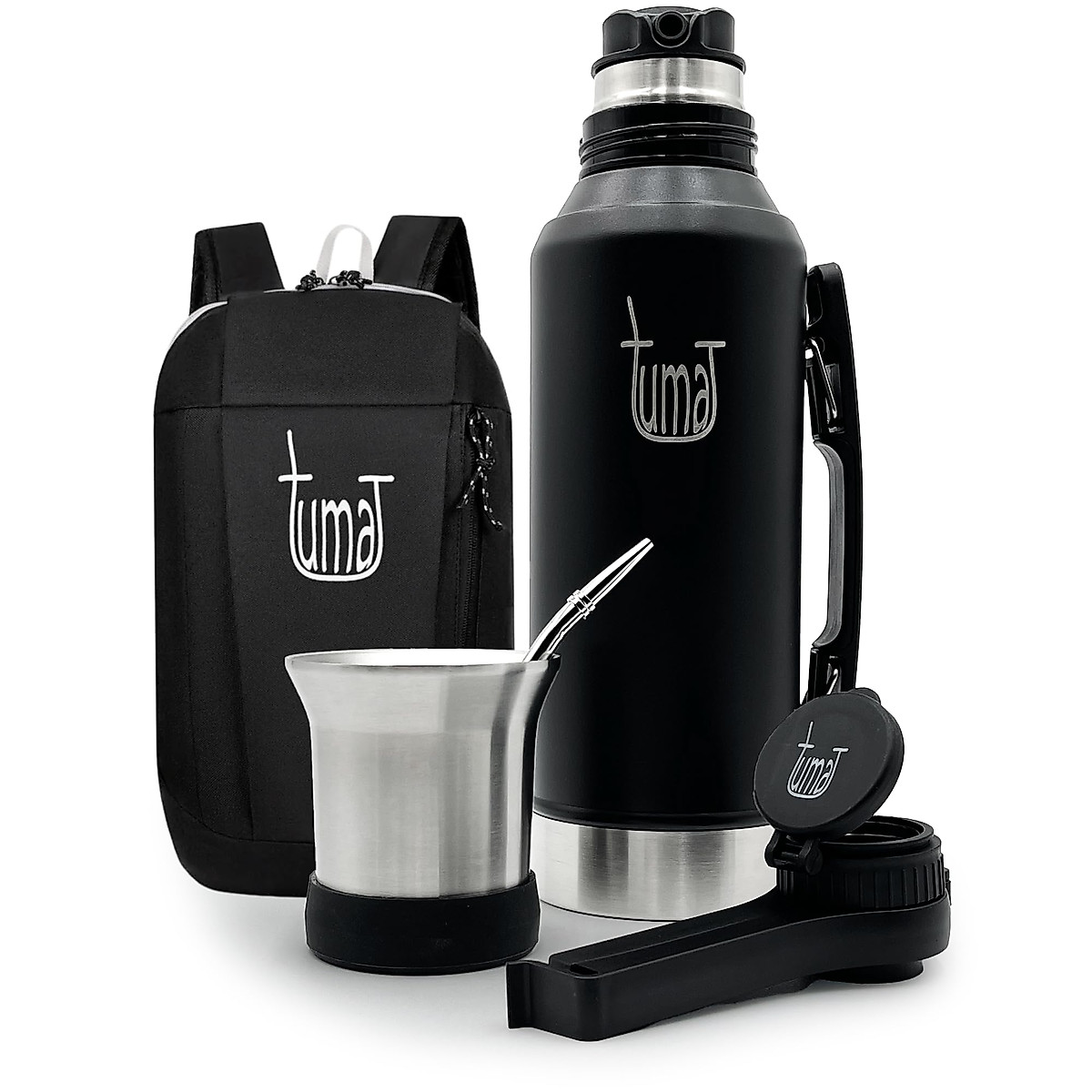 Complete Yerba Mate Kit - 1.2L Thermos With Mate System, Cup, Clip Spout, Straw (Bombilla), and FREE Backpack - Premium Stainless Steel Set To Go