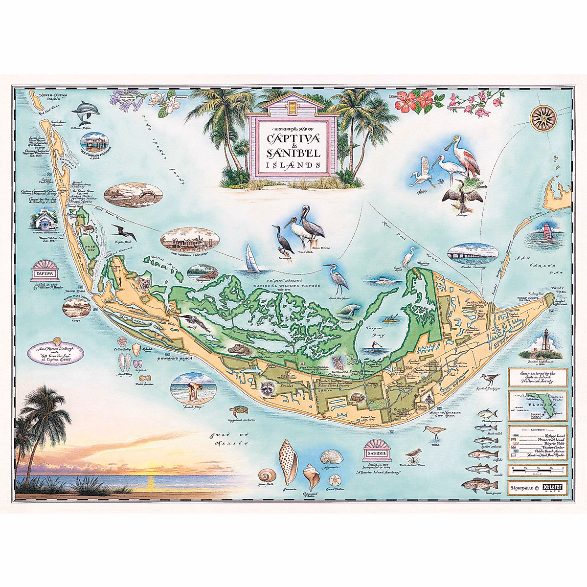Sanibel & Captiva Islands Hand-Drawn Map – 24x18 Vintage-Style Lithographic Print – Made in USA
