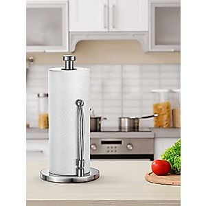SMARTAKE Paper Towel Holder for One Hand Tear, Paper Towel Dispenser Standing Weighted Base Non Slip, Spring Arm Fit Most Size Paper Roll, Stainless Steel Paper Towel for Kitchen Countertop Silver