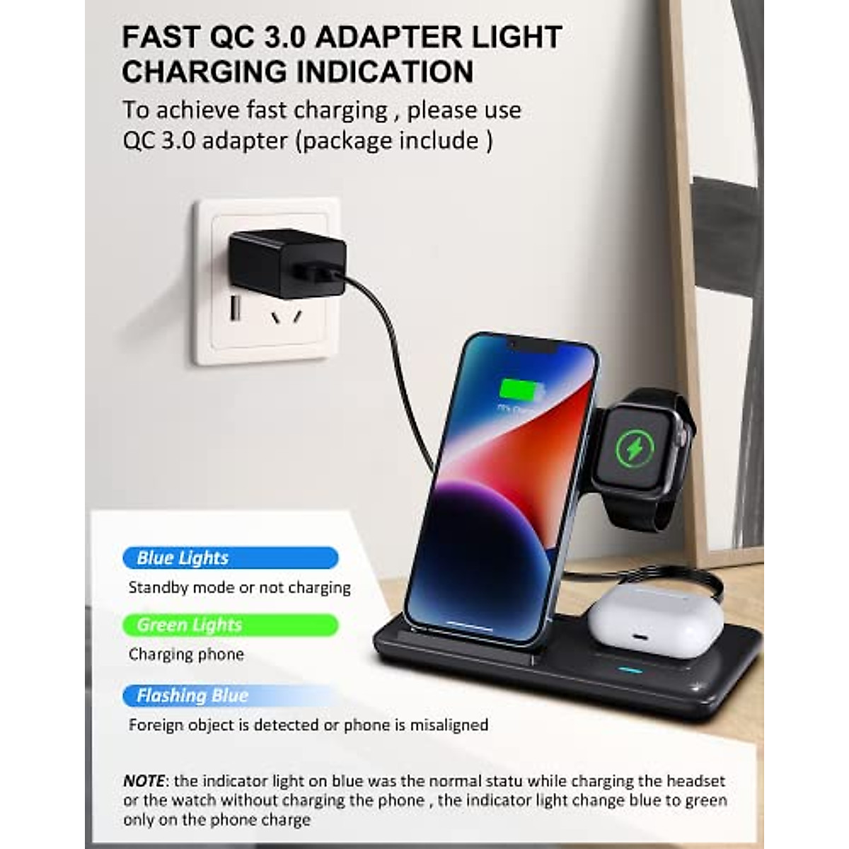 Wireless Charging Station, 3 in 1 Wireless Charger Compatible with iPhone 14/13 Pro/13/12/11/Pro/SE/XS/XR/X/8 Plus/8, 18W Wireless Charging Dock Stand for Apple Watch Series & Airpods (with Adapter)