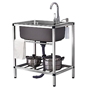 Freestanding Stainless Steel Kitchen Sink with Hot and Cold Faucet, Washing Hand Basin for Restaurant, Cafe, Bar, Hotel, Garage, Laundry Room (Size : 52x38cm(20x15inch))