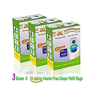 Honeymomo Baby Bathing Diaper refill bags 35 Bags 1050 Counts Fully Compatible with Arm&Hammer Disposal System Diaper Pail Snap, Seal and Toss Refill Bags