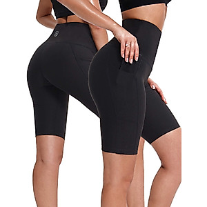 NELEUS Women's 3 Pack Biker Shorts High Waist Running Yoga Shorts with Pockets,3 Pack,Black/Grey/Coffee,US M,EU L