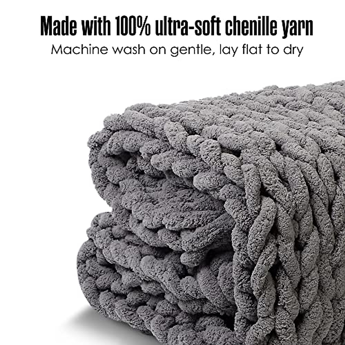 Houseables Chunky Knit Blanket, Crochet Throw, Big Yarn Blankets, 50x60 Inch, Grey, Soft, Large, Chenille, Thick Hand Knitted Cable Throws, Braided, Knotted, Woven, Handmade Knot for Couch, Bed