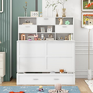 Yuxuanhang Murphy Bed Queen Size with Bookcase, Bedside Shelves and a Big Drawer, Foldable into a Cabinet Space-Saving Design for Small Spaces Guest Room Lounge or Office, White