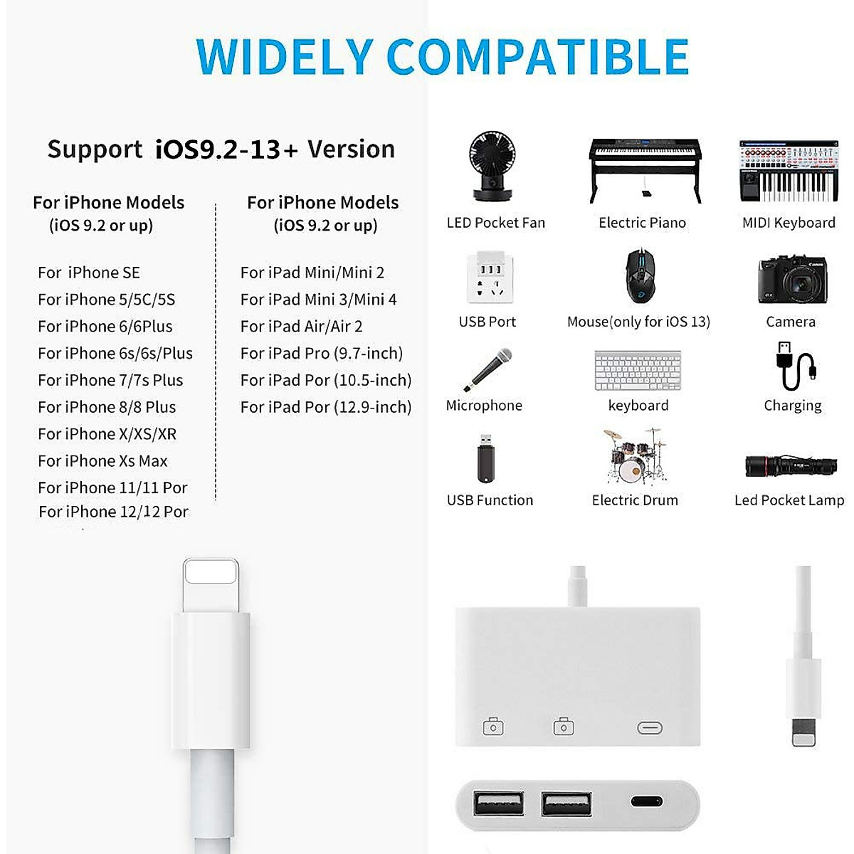 Lightning to USB3 Camera Adapter,rosyclo Apple MFi Certified 3 in 1 USB 2.0 Female Cable OTG Adapter with Charging Port,Compatible with iPhone12/11/11Pro/X/8/7/6/iPad,USB Drive,MIDI Keyboard,Mouse