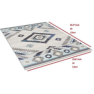 Handcraft Rugs-Southwestern Native American Modern / Faded Area Rug - Bone Gray / Navy Blue / Ivory / Aqua