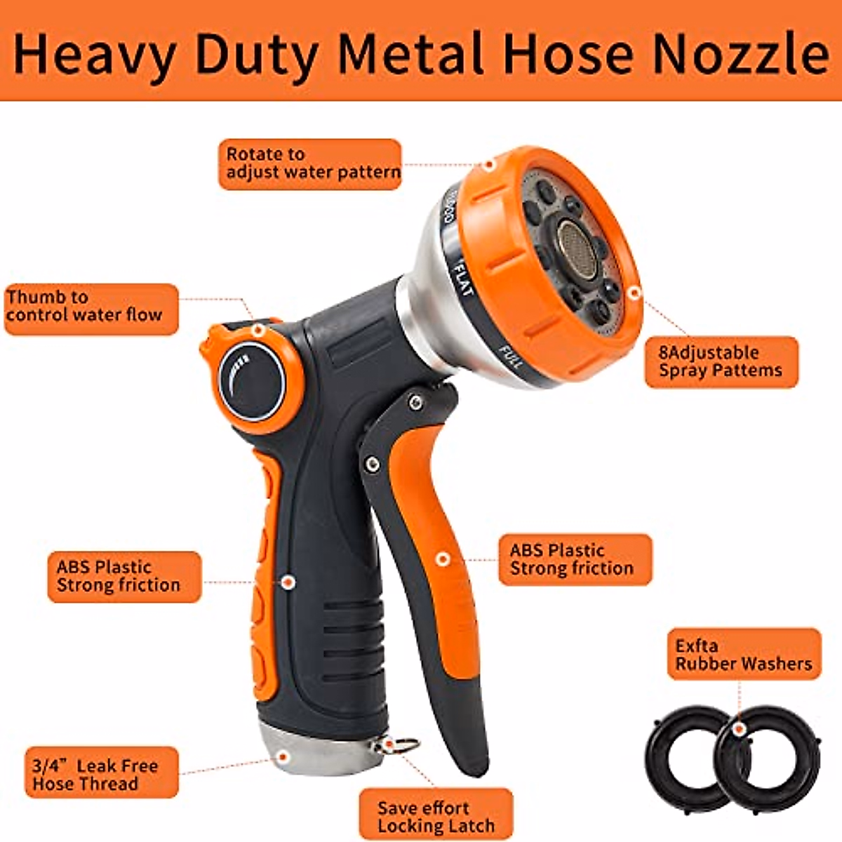 Garden Hose Nozzle ZEQKULW The sprayer nozzles for garden hose,witch have 8 Spray Patterns with Sensitive Switch,Water Hose Nozzle Can be Widely Applied to Lawn, Washing Car & Pet(Orange)