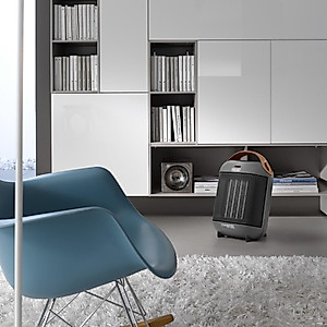 DeLonghi Capsule Electric Space Heater, 1500w compact and stylized portable space heater for indoor use in office bedroom, thermostat, ceramic heater, fan only option, safety features, HFX30C15