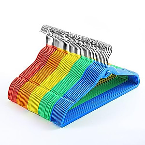Multi-Color Premium Velvet Hangers with Mini Hooks, Pack of 50, Non Slip, Space Saving Cascading Clothes Hangers, Rainbow Colors, Red, Orange, Yellow, Green, Blue
