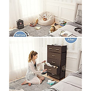 Crestlive Products Vertical Dresser Storage Tower - Sturdy Steel Frame, Wood Top, Easy Pull Fabric Bins, Wood Handles - Organizer Unit for Bedroom, Hallway, Entryway, Closets - 6 Drawers (Brown)