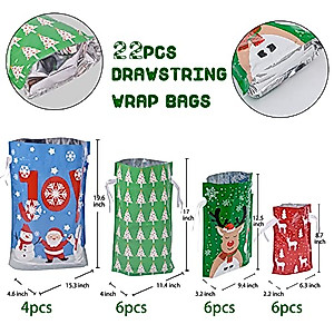 Christmas Gift Bags Assorted Sizes, 22pcs Drawstrings Christmas Bags For Gifts, Presents Wrapping Bags Favor Goody Bags Reusable Plastic Xmas Holiday Gift Bag Bulk Extra Large/Big/Medium/Small Size