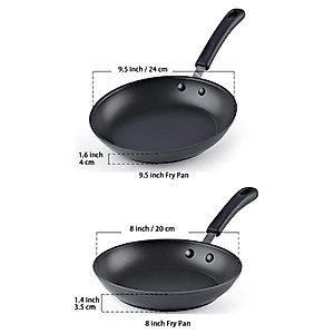 Cook N Home Nonstick Sauté Fry Pan Professional Hard Anodized (8 and 9.5 inch) 2 Piece Skillets Cookware Sets, Black