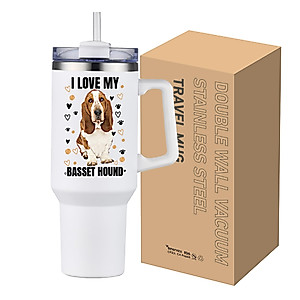 Basset Hound Dog Mom 40 oz Insulated Tumbler with Handle and Straw - Coffee Mug for Women, Dog Lover Gifts