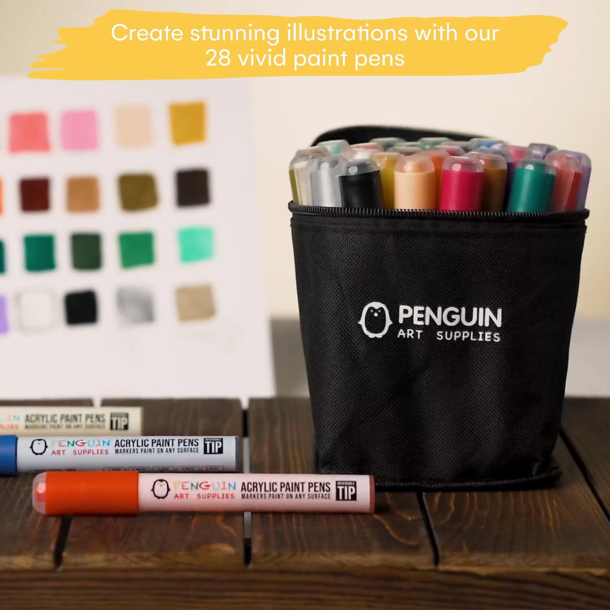 PENGUIN ART SUPPLIES 28 Dual Tip Acrylic Paint Pens: Craft Paint Markers for Painting Wood, Glass, and Halloween Decoration - Non Toxic Reversible Pen with 5mm + 3mm Fine Tip and Zipper Pouch