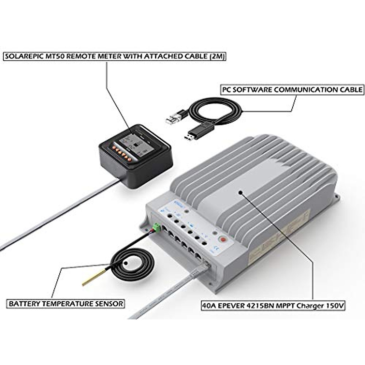 EPEVER MPPT Solar Charge Controller 40A 150V PV Solar Panel Controller Negative Ground W/ MT50 Remote Meter + Temperature Sensor PC Monitoring Cable[Tracer4215BN]