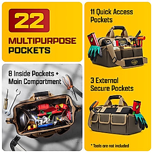 The Ryker Bag 14 Inch Tool Bag Organizer Small Tool Bag Heavy Duty Tool Bags for Men/Women. Wide Mouth electrician tool bag small 22Pockets Toolbag soft tool bag mechanic tool bag &plumbing tool bag
