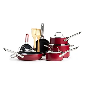 Red Volcano Textured Ceramic Nonstick, 12 Piece Cookware Pots and Pans Set with Stainless Steel Handles, PFAS PFOA & PTFE Free, Dishwasher Safe, Oven & Broiler Safe to 600 Degrees, Red