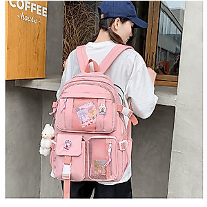 Kawaii Backpack with Pins and Pendant Accessories Cute College High School Backpack Laptop Bookbags for Teens Girls (Pink)