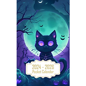 Pocket Calendar 2024-2026: Two-Year Monthly Planner for Purse , 36 Months from January 2024 to December 2026 | Cute black cat | Blue eyes | Cute witch ... and purple lights | Fantasy | Deep forest
