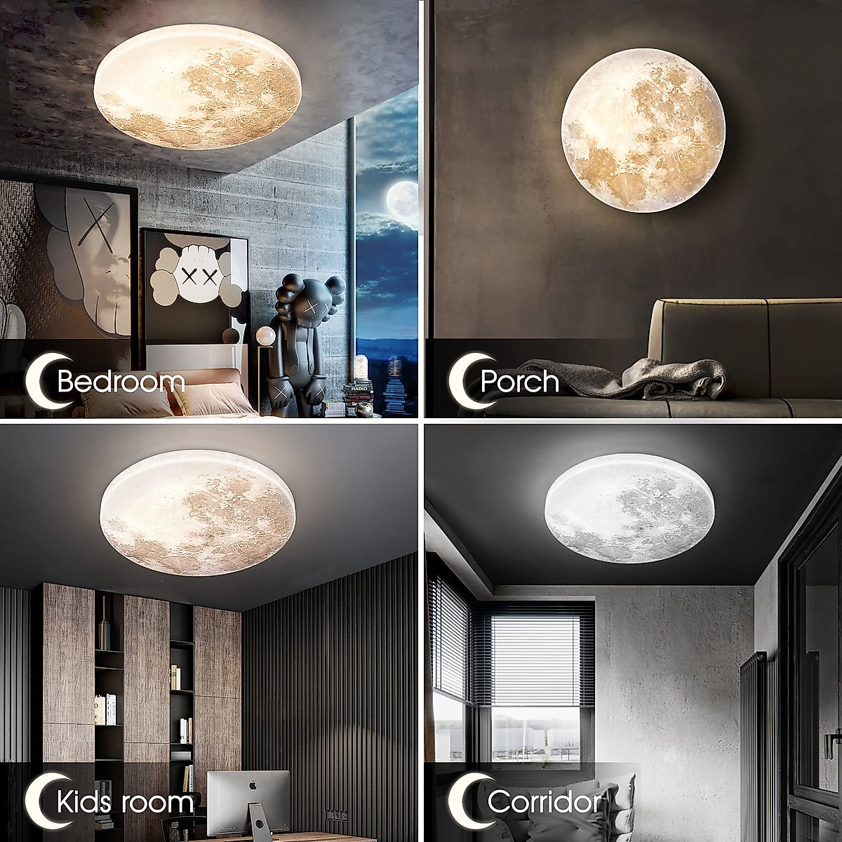 13.8IN Moon-style Dimmable Flush Mount Ceiling Light Fixture, 3000K/4000K/6500K Changeable Color by Wall Switch, LED Modern Ceiling Lamp for Bedroom, Kitchen, Hallway, Kids room(No Remote Control)