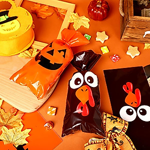 100 Pcs Thanksgiving Treat Bags 10.8'' x 5'' Pumpkin Turkey Candy Bags Fall Funny Face Cellophane Goodies Bags with 100 Twist Ties for Halloween Trick or Treat Fall Thanksgiving Party Supplies