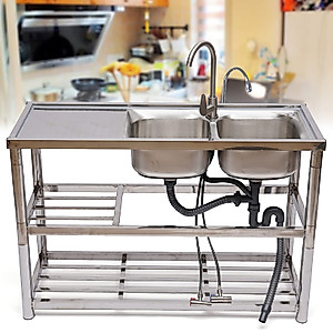 Commercial Kitchen Utility Sink with Prep Table, Free Standing Stainless Steel Double Bowl Kitchen Sink Set with Faucet and Drainboard Indoor Outdoor Rectangular Catering Sink 47.24x31.88x17.71inch