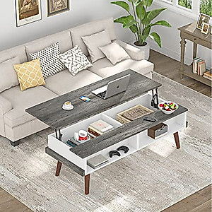 Aheaplus Lift Top Coffee Table with Storage, 43.3" Modern Center Table Lift Tabletop Wood Dining Table Pop Up Table with Open Compartment for Living Room, Home Office, Black Oak and White